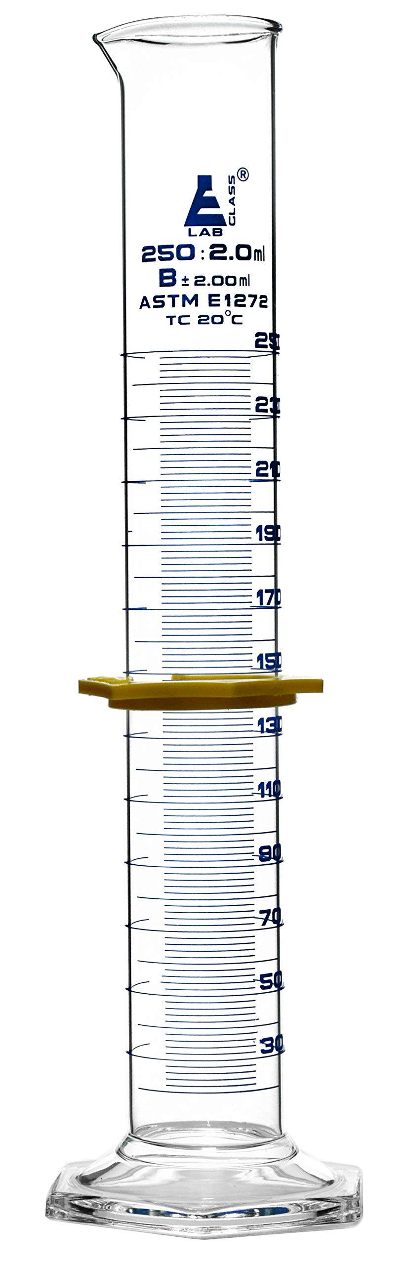 EISCO Graduated Cylinder, 250mL - ASTM, Class B Tolerance ±2.00mL Protective Collar, Hexagonal Base Blue Graduations Borosilicate 3.3 Glass- Eisco Labs