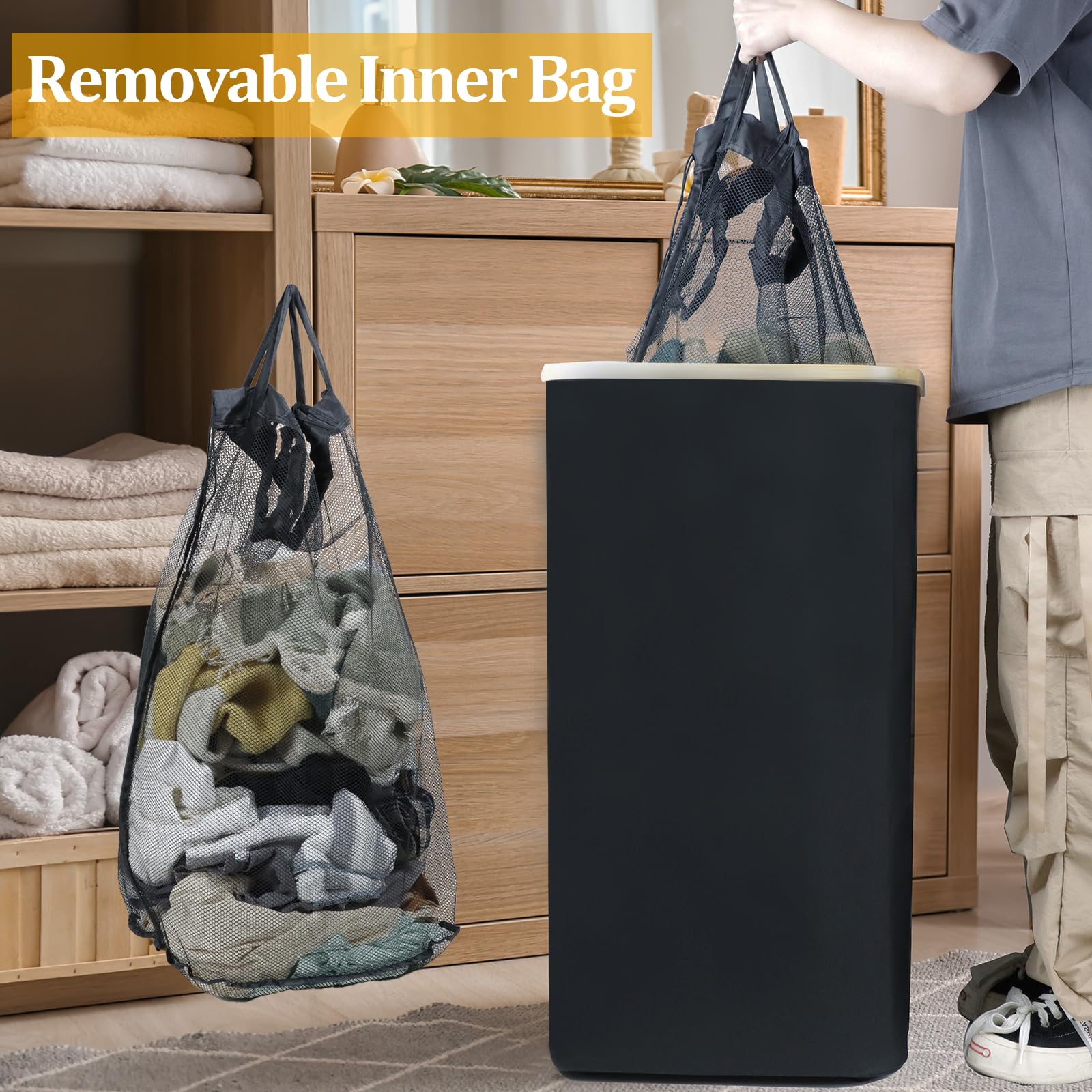 Laundry Basket with Lid, 100L Large Laundry Hamper with Lid & Removable Bag, Foldable Dirty Clothes Hamper with Bamboo Handles, Visible Clothes Basket Organizer for Bedroom, Bathroom & Laundry Room