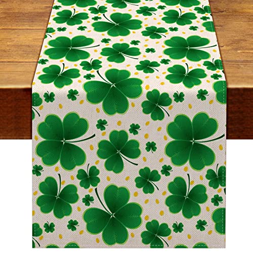 Linen St. Patrick's Day Table Runner Rustic Green Shamrock Lucky Home Dinning Room Decoration
