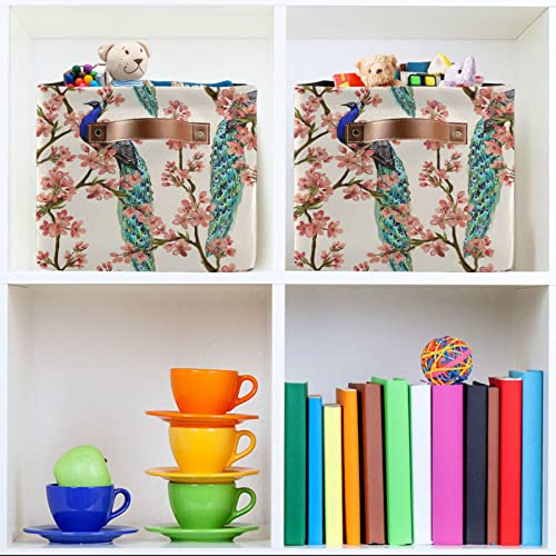 ALAZA Peacock Tropical Cherry Blossom Flower Large Storage Basket with Handles Foldable Decorative 1 Pack Storage Bin Box for Organizing Living Room Shelves Office Closet Clothes