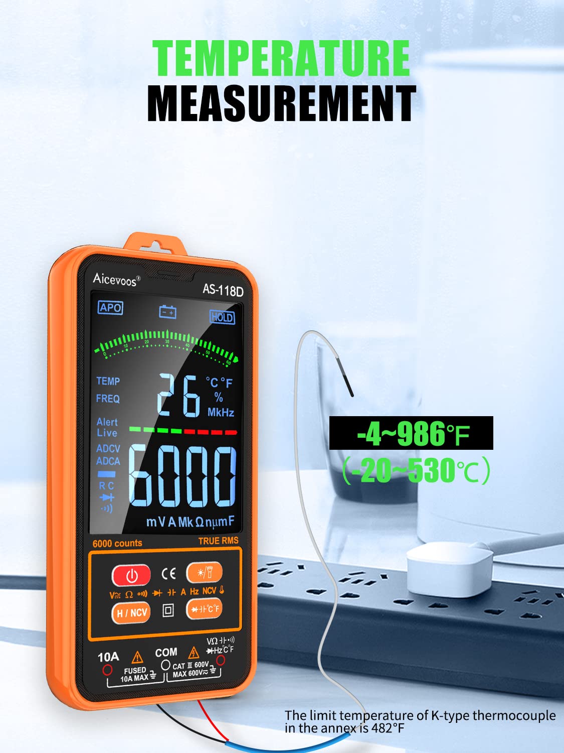 Aicevoos AS-118D Smart Digital Multimeter Auto-Ranging Voltmeter Electrical Tester Measures Voltage Current Capacitance Resistance Continuity Duty-Cycle Temperature Frequency
