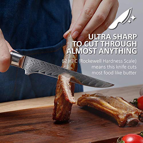 Master Maison 6" Damascus Steel Fillet Knife With Full-Tang Handle, Sheath, Sharpening Stone, Storage Box & Drying Cloth | AUS-10 Japanese Stainless Steel Ultra Sharp Filleting & Boning Knife For Fish