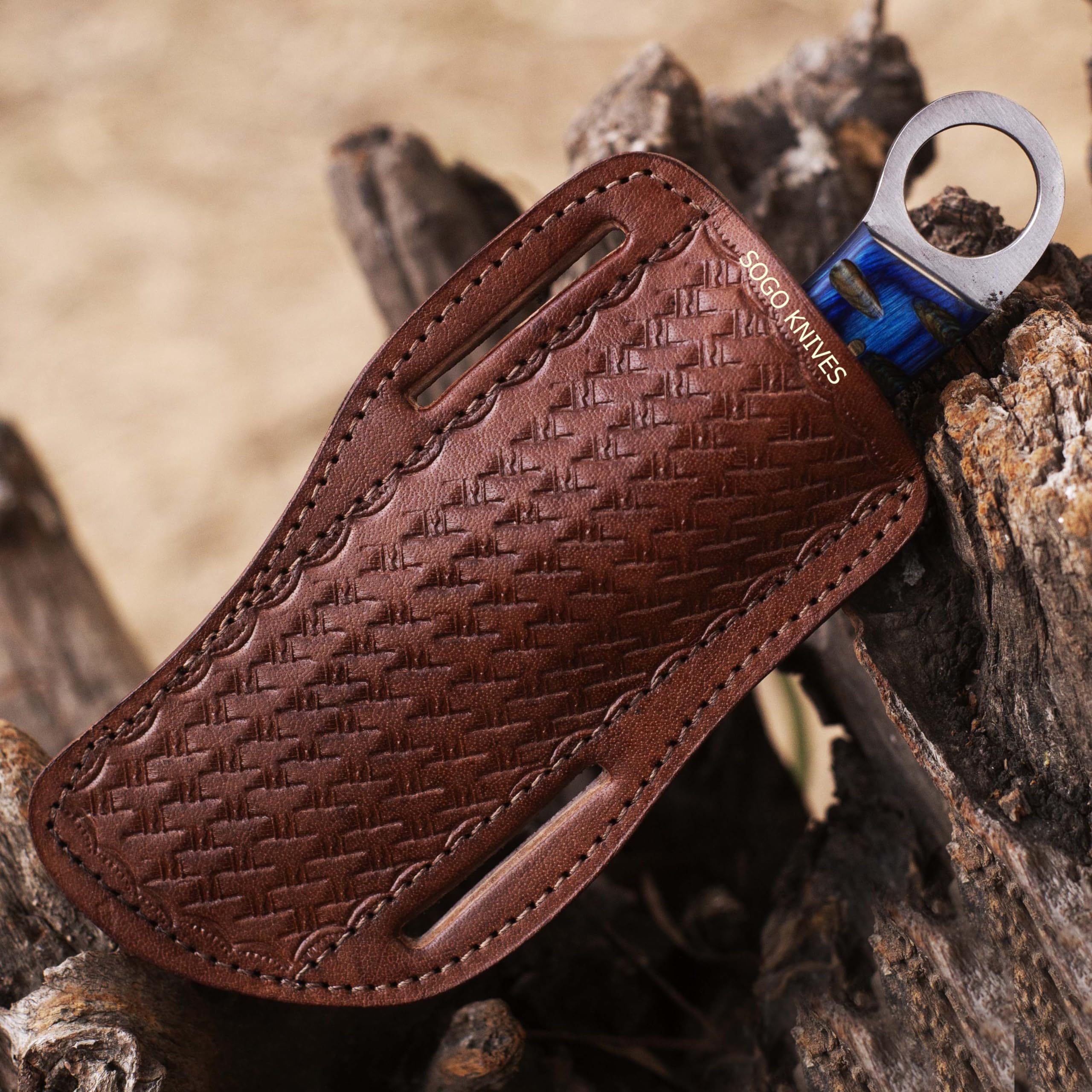Leather Knife Sheath, Slanted Pancake Sheath, Tooled Leather Sheath, Belt Sheath, Beautiful Cow Boy Bull Cutter Knife Leather Sheath 100% Real Leather and Exotic Cow Hide Sheath (Brown)