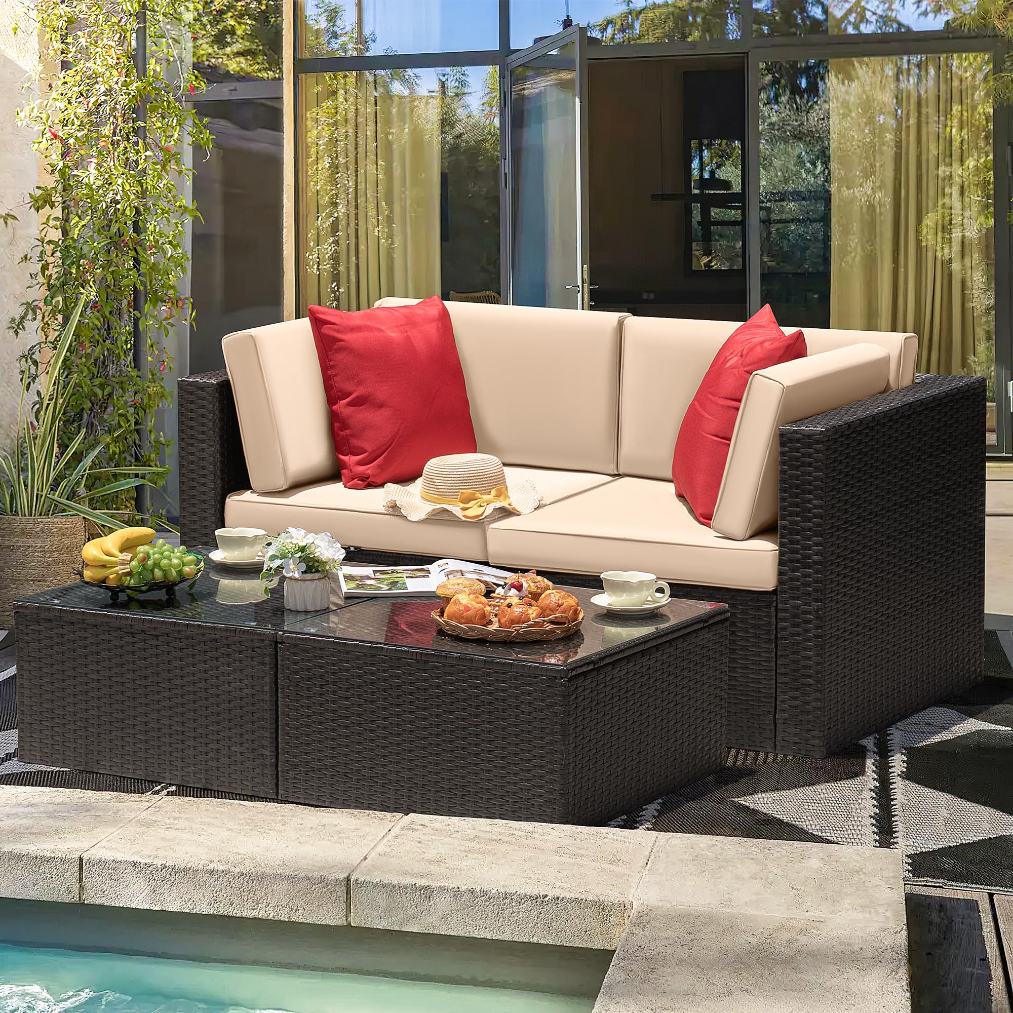 Devoko 4 Piece Patio Furniture Set PE Wicker Sectional Sofa Set Rattan Outdoor Conversation Set with Padded Cushions for Balcony, Backyard, Garden(4 Piece, Beige)