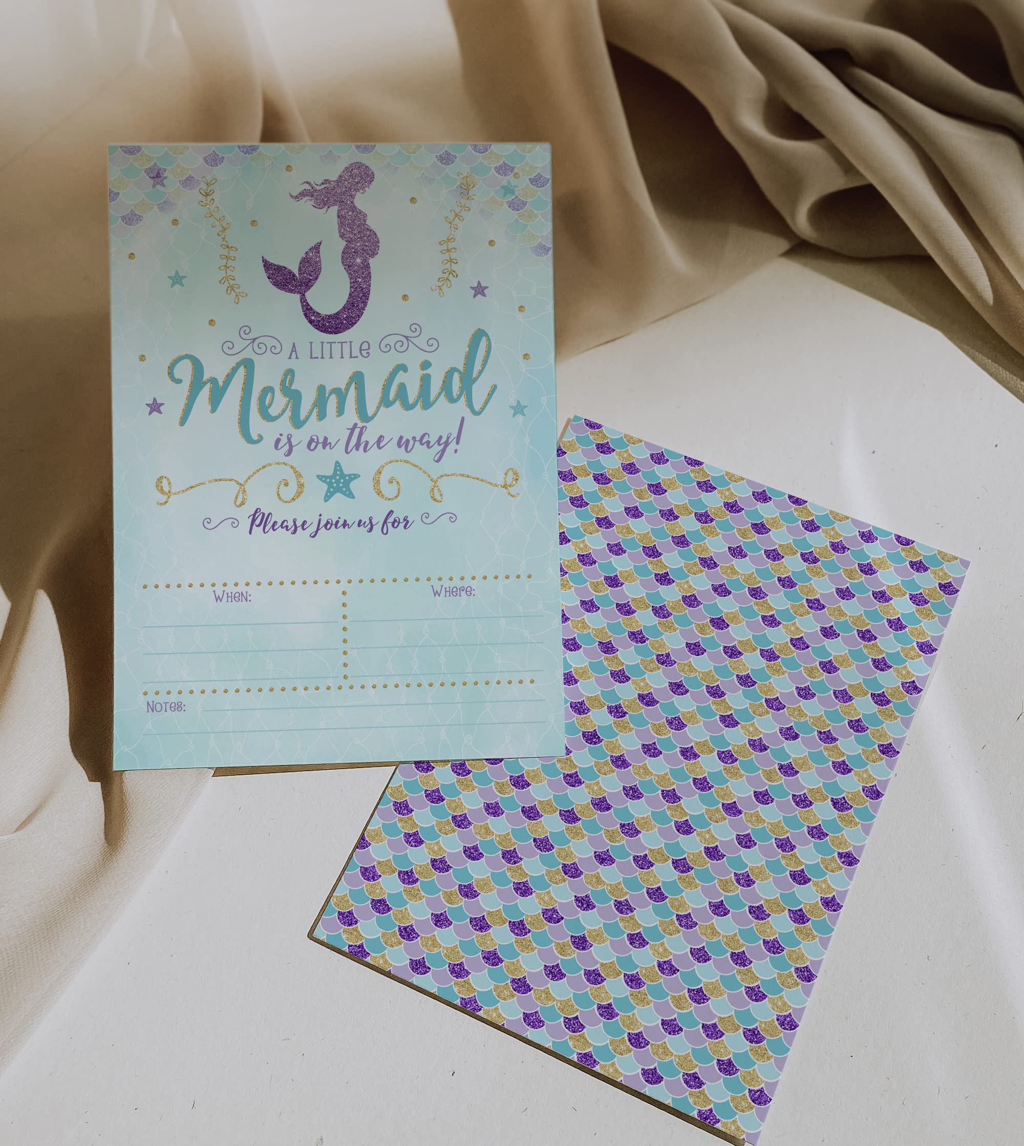 Your Main Event Prints Mermaid Baby Shower Invitation, Blue and Gold Mermaid Baby Shower, Baby Sprinkle Invite, 20 Fill in Invitations and Envelopes