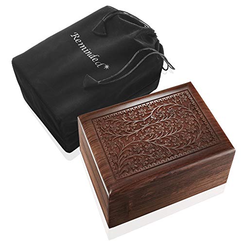 Reminded Rosewood Hand-Carved Floral Urn Box Cremation Memorial with Velvet Bag - Large