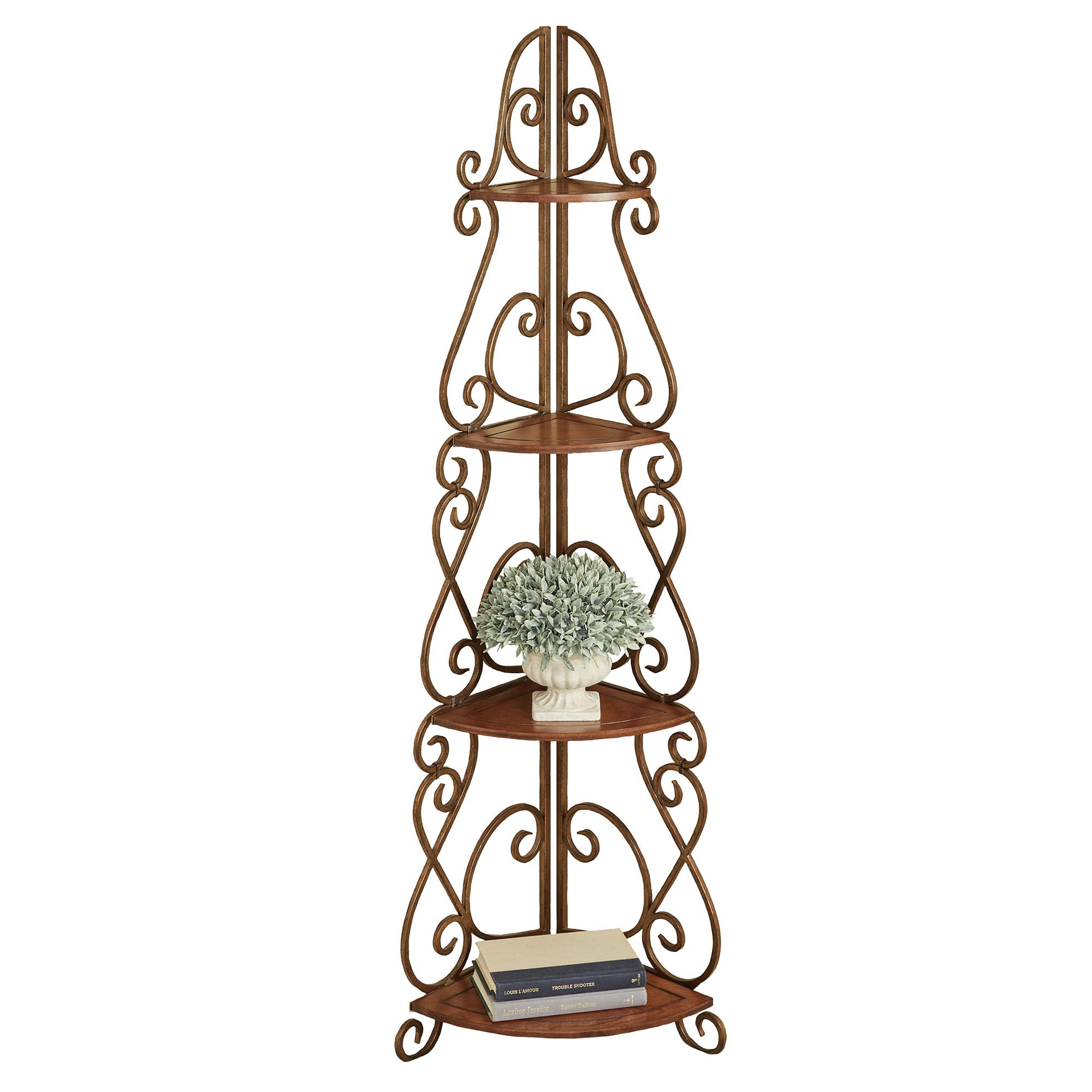 Touch of Class Meyda Scrolling Natural Cherry Wooden and Metal Corner Shelf Etagere