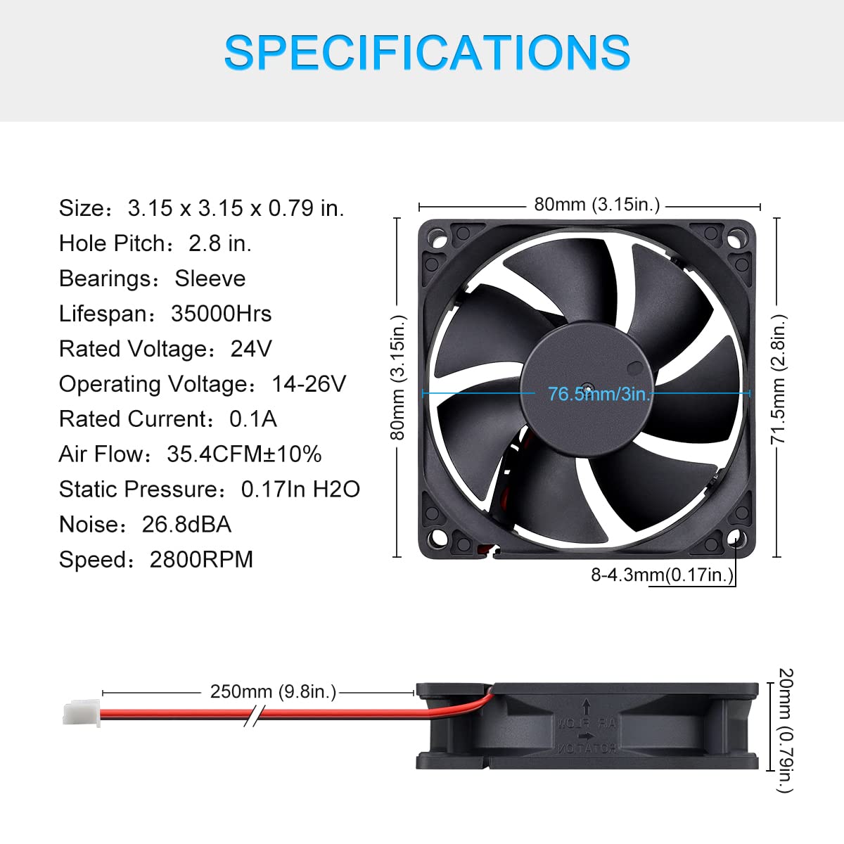 GDSTIME 80mm x 20mm Fan, 80mm 24V Dc Brushless Cooling Fan