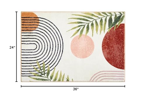 RoomTalks Boho Cute Bathroom Rugs Bath Mat Non Slip Washable, Modern Abstract Geometric Shape with Tropical Leaves 2x3 Small Area Rug for Bedroom Kitchen, Neutral Contemporary Retro Indoor Entry Rug