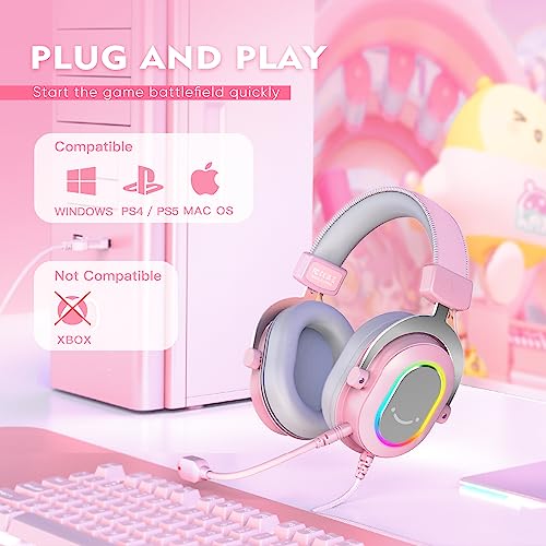 FIFINE PC Gaming Headset, USB Wired Headset with Microphone, 7.1 Surround Sound, in-Line Control, Computer RGB Over-Ear Headphones for PS4/PS5, for Streaming/Game Voice/Video-AmpliGame H6 (Pink)