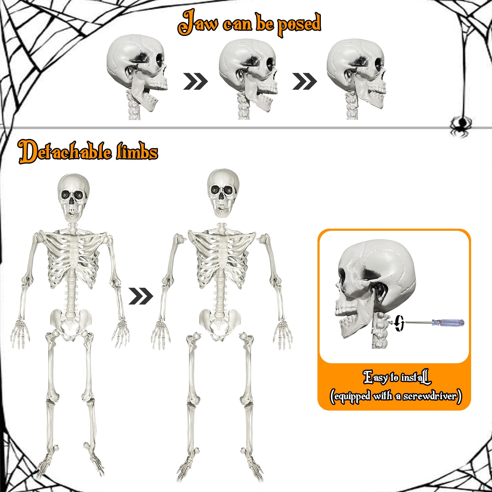 38" Posable Halloween Skeleton Decorations, Full Body Halloween Skeleton with Movable Joints for Haunted House Graveyard Props Indoor and Outdoor Decor