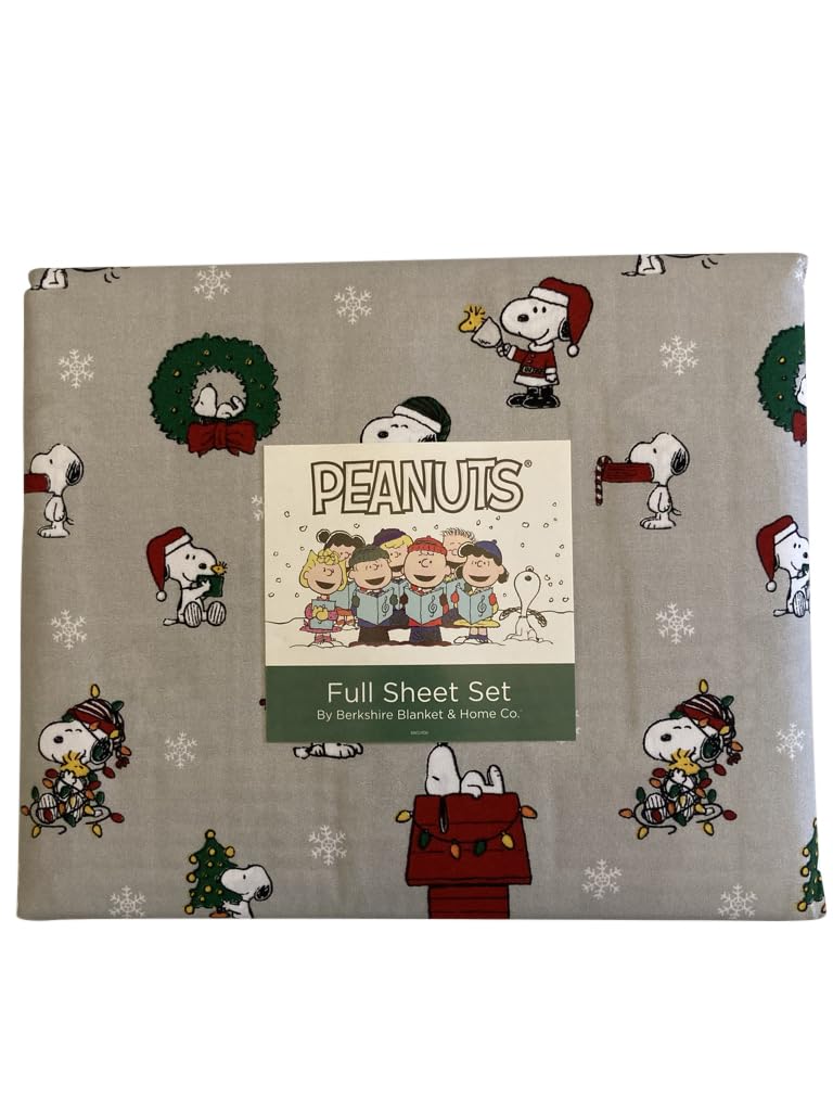 BLUE HERON WEST Peanuts Christmas Sheet Set - Wreaths and Lights - Gray Background (Full)