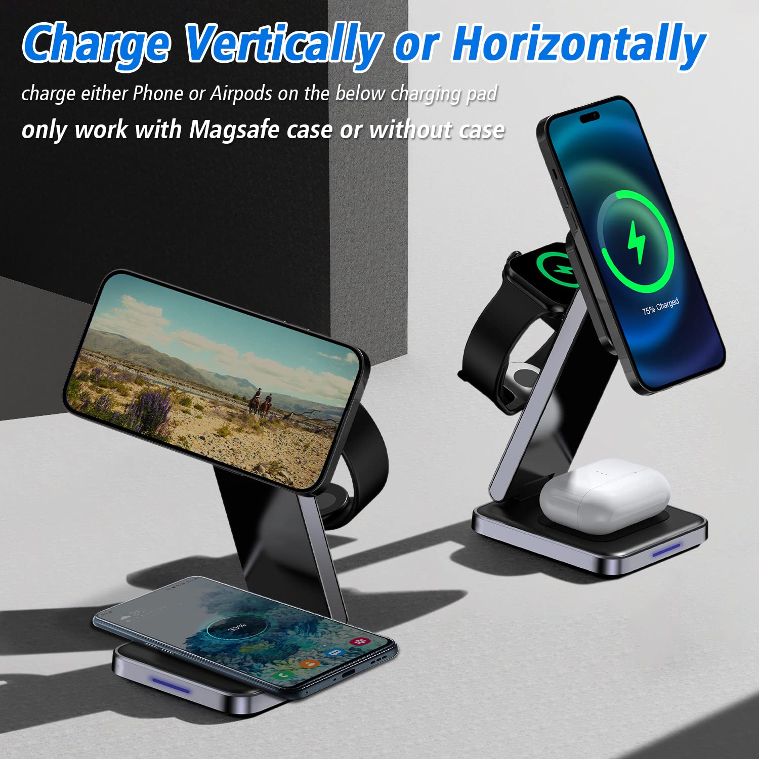 3 in 1 Magnetic Wireless Charger,Foldable Mag-Safe Wireless Charging Station for Apple Watch Series 9/Ultra 2/8/7/SE/SE2,Apple 15 Pro Max/15/14/13,Air-Pods 3/Pro/2 Mag Safe Charger Stand Dock(Black)