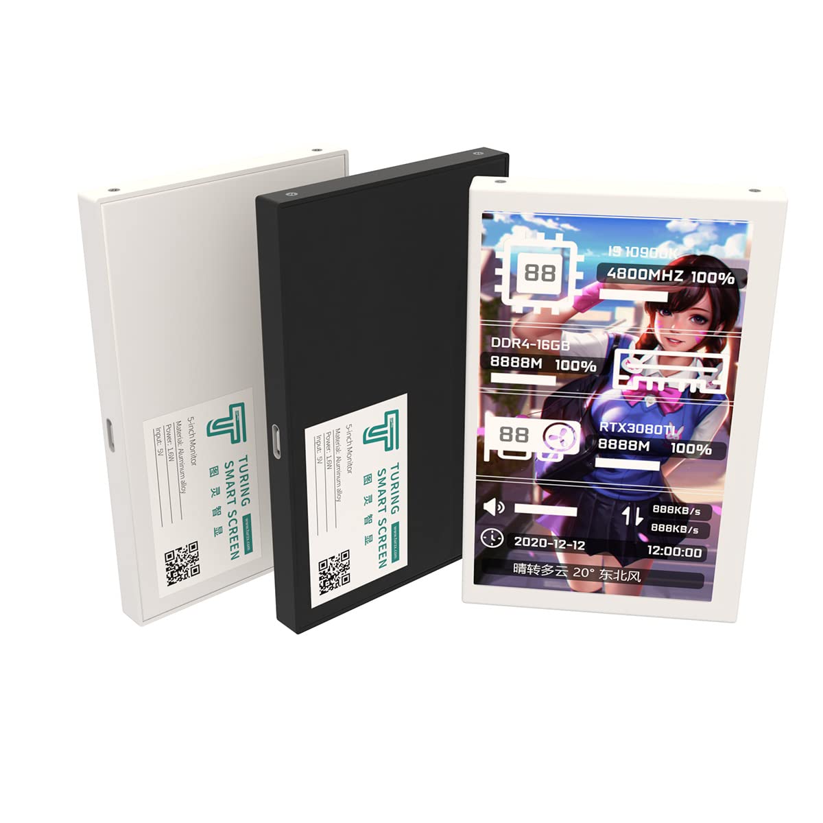 5 inch IPS USB Mini Screen PC CPU RAM HDD Data Monitor Computer Temperature Display Type-C Sub Screen No Need for AIDA64 Black