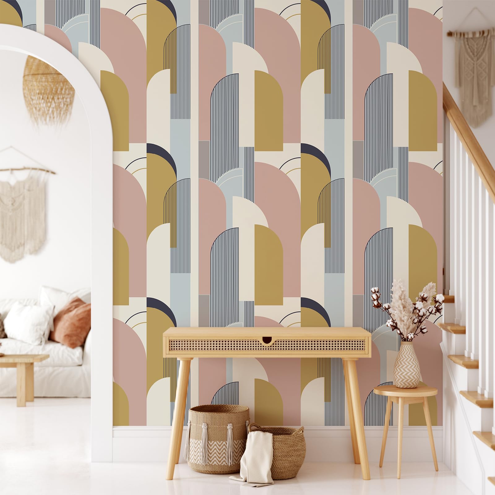 VEELIKE 17.7''x354'' Abstract Arches Geometric Wallpaper Peel and Stick Boho Geometric Contact Paper for Accent Walls Removable Modern Wallpaper Self Adhesive Art Wall Mural for Bedroom Bathroom