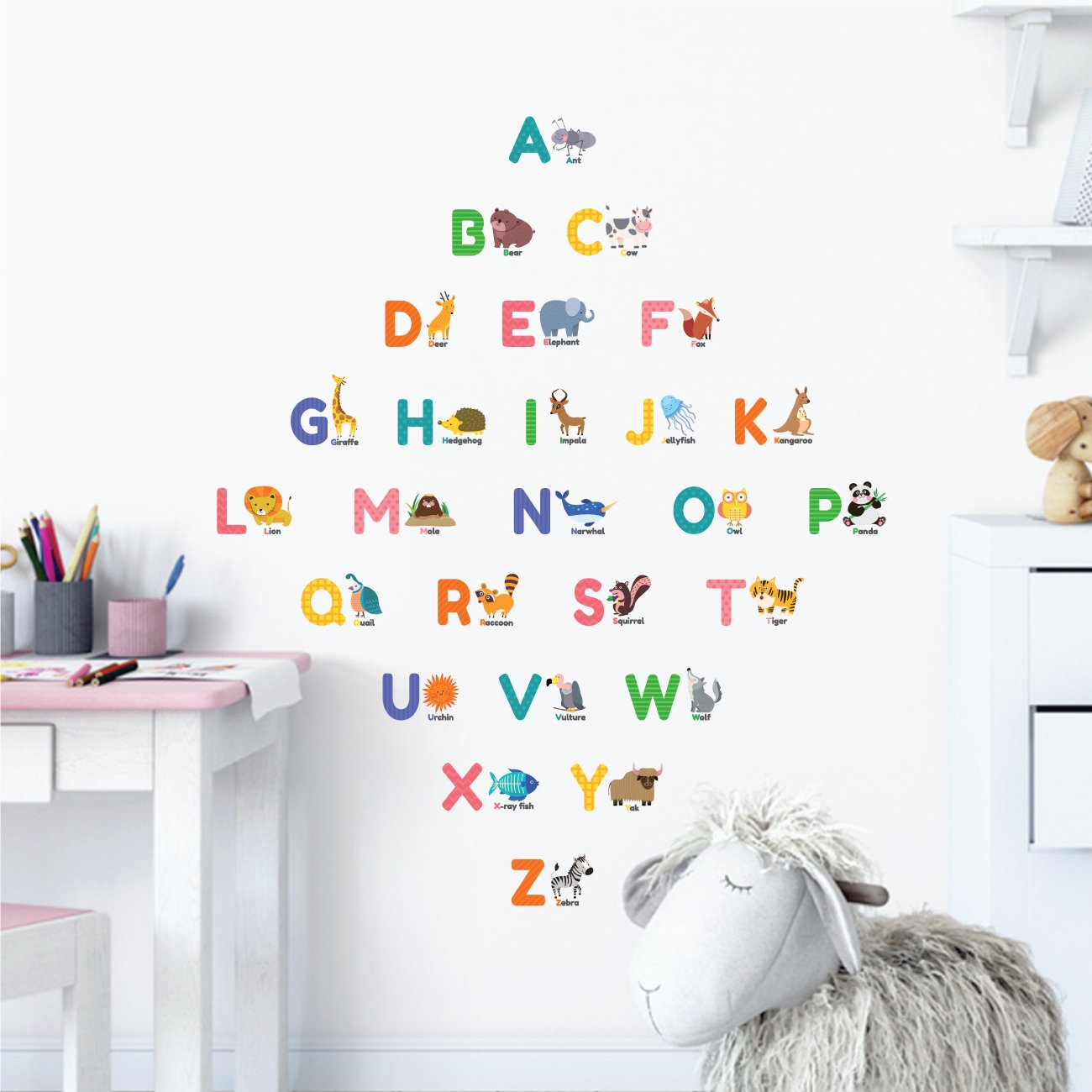 DECOWALL DS-8014 Colourful Animal Alphabet ABC Kids Wall Stickers Wall Decals Peel and Stick Removable Wall Stickers for Kids Nursery Bedroom Living Room (Small) décor
