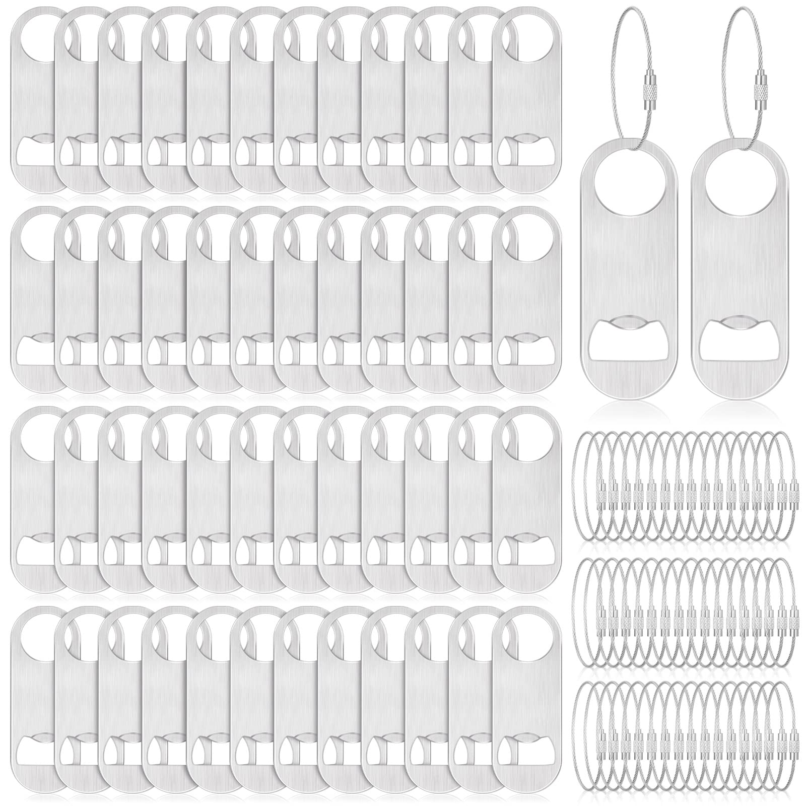50 Pieces Stainless Steel Flat Bottle Opener with Keychain Beer Opener Bulk Soda Beverage Opener for Men Women Bartender Kitchen Bar Restaurant Tool, 3.5 x 1.3 Inches (Silver)