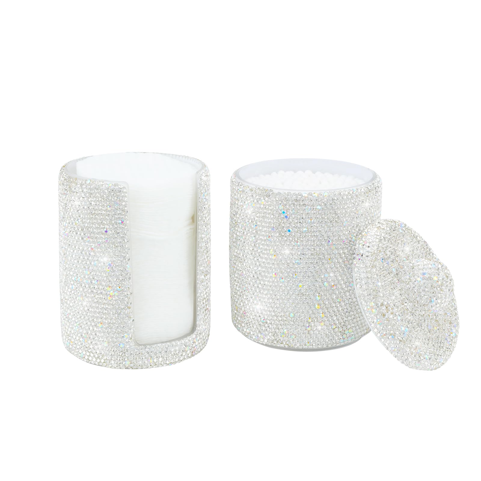 KEYPOWER Bling Rhinestone Cotton Ball Pad Swabs Make Up Pads Dispenser Holder Acrylic Jar with Lid Multi-function Organizer Container (White)