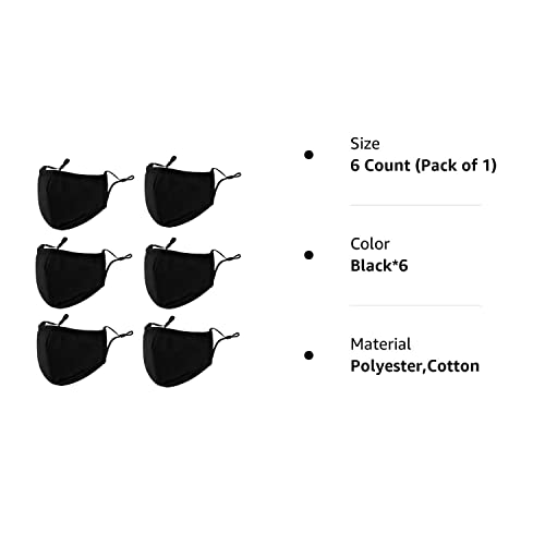3-Ply Cloth Face Mask 6 Pack,Washable, Reusable and Breathable Face Covering with Adjustable Ear Protection Loops women/men (Black*6)