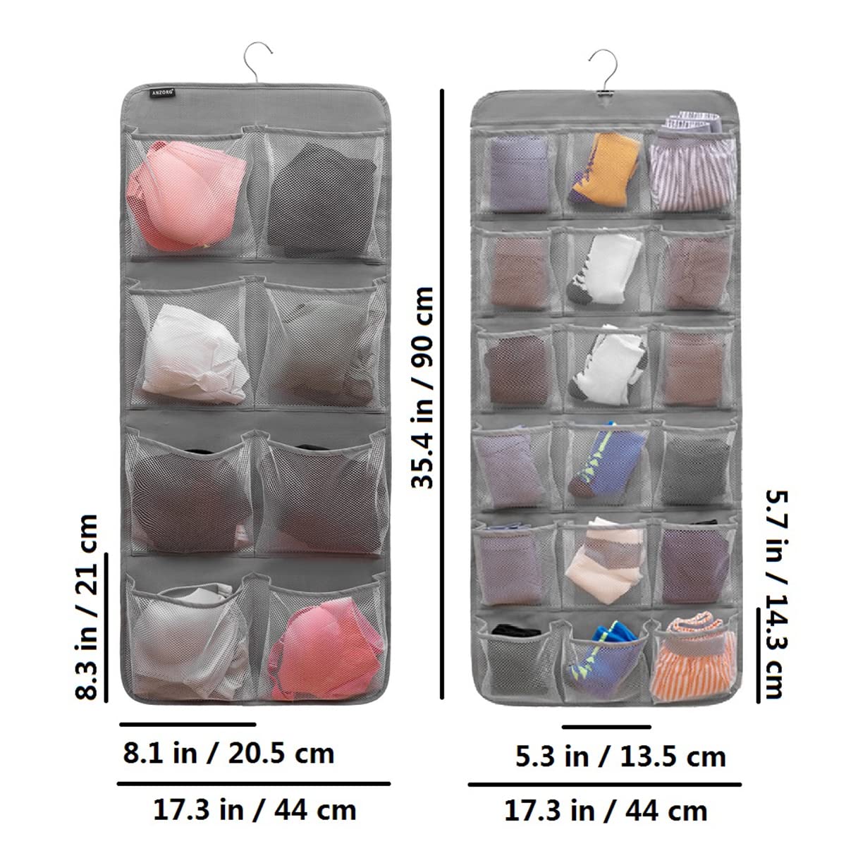 ANZORG Dual-Sided Hanging Closet Organizer for Socks Underwear Bra Kids Storage Organizer for Baby Clothes Toddler Shoes with 26 Pockets (Grey-Mesh Pockets)