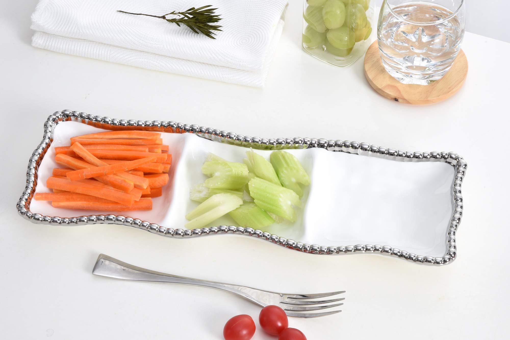 3-Section Serving Piece Porcelain with Silver Trim