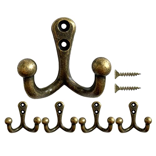 Mokife 5 Pack Coat Hooks Heavy Duty Vintage Double Wall Hook Strong Entrance Hangers for Hanging Clothes Jackets Robes Towels Hats Keys Bags Cups, Bronze