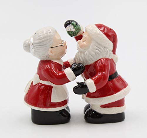 Fine Ceramic Kissing Santa & Mrs. Claus Under the Mistle Salt & Pepper Shakers Set, 3-3/8"