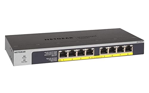 NETGEAR 8-Port Gigabit Ethernet PoE Network Switch, Hub, Internet Splitter (GS108LP) - with 8 x PoE+ @ 60W Upgradeable, Desktop/Rackmount, and ProSAFE Lifetime Protection