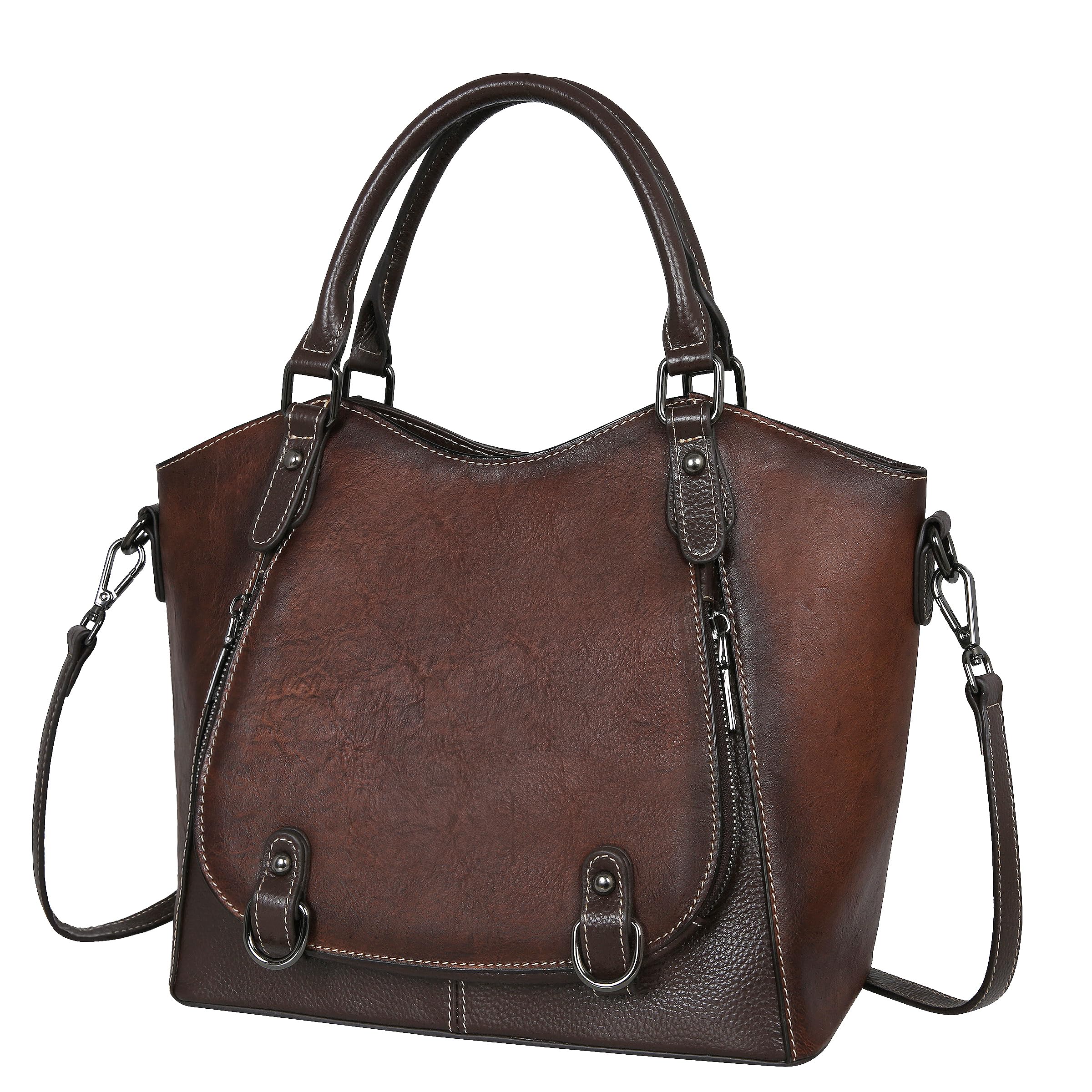 Iswee Leather Shoulder Bags for Women Satchel Bags Vintage Designer Crossbody Purses Tote Bags with Zipper Top-Handle (Coffee)