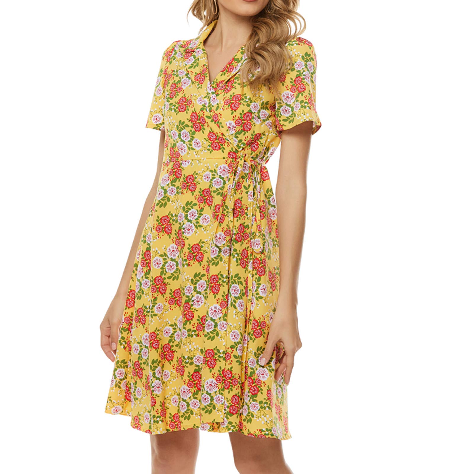 Padaleks Womens Dresses Summer Casual Floral Print Short Sleeve Midi V-Neck Baggy Split Beach Party Dress w/Belt