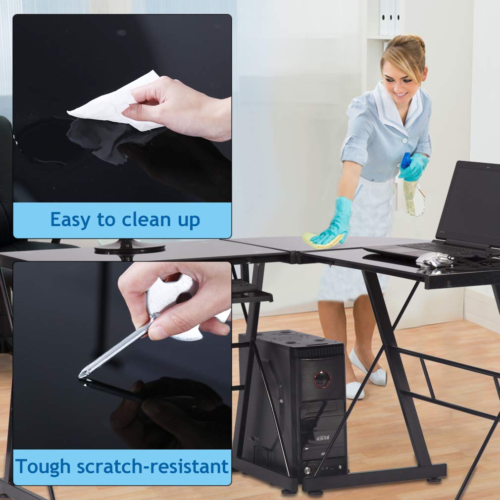 L Shaped Computer Desk Office Desk Gaming Writing Corner Desk Study PC Laptop Table Workstation with Keyboard Tray and CPU Stand Shelf for Home Office Large 3-Piece Modern Glass Computer Desk, Black