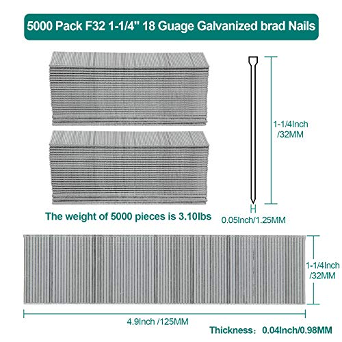 5000 Pack F32 1-1/4" 18 Guage Galvanized Brad Nails, Heavy Duty Narrow Crown Staples for Nail Gun, 18 Gauge Straight Pin Nailers1