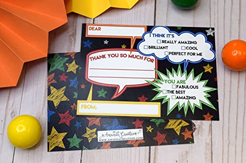 Chalkboard Speech Bubble Birthday Thank You Notes for Kids, Ten 4" x 5.5" Fill In The Blank Cards with 10 White Envelopes by AmandaCreationâŚ