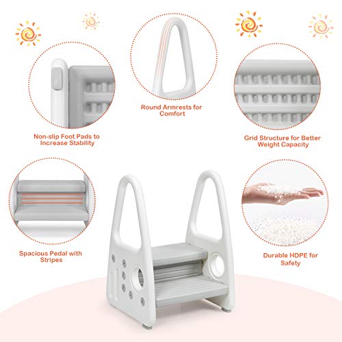 Costzon Kids Step Stool, Toddler Step Ladder for Toilet Potty Training, Kitchen Counter, Bathroom, Two Step Learning Tower w/Non-Slip Design, Safety Handles, 200 Lbs Weight Capacity (Grey)