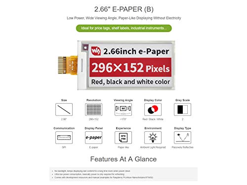 waveshare 2.66inch E-Paper E-Ink Raw Display Compatible with Raspberry Pi 4B/3B+/3B/2B/B+/A+/Zero/Zero W/WH/Zero 2W Series Boards 296×152 Pixels Red/Black/White Three-Color SPI Interface Without PCB