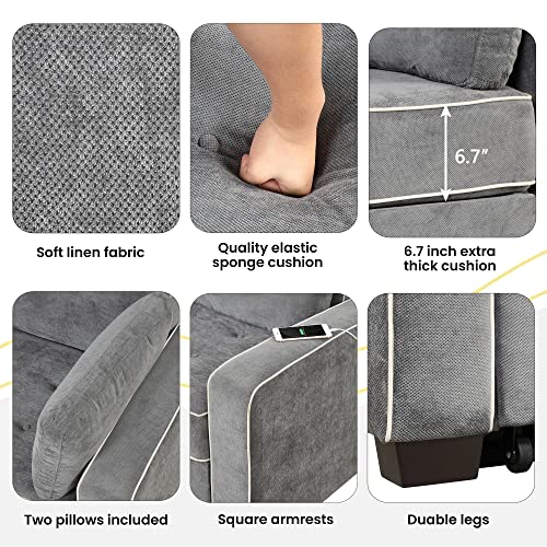 ERYE 3-in-1 Oversized Upholstered Daybed Futon Loveseat W/Pull-Out Sleeper Bed and USB Ports,2-Seaters Sofa & Couch Soft Cushions Love Seat Convertible Full Size Sleep Sofabed for Living Room, Gray