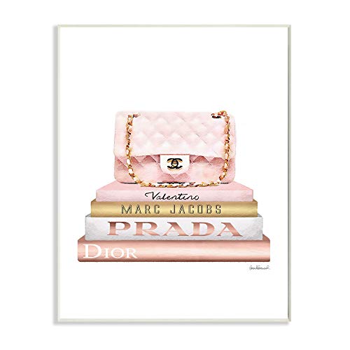 Stupell Industries Fashion Designer Purse Bookstack Pink White Gold Watercolor Wall Plaque Art, 13 x 19, Multi-Color