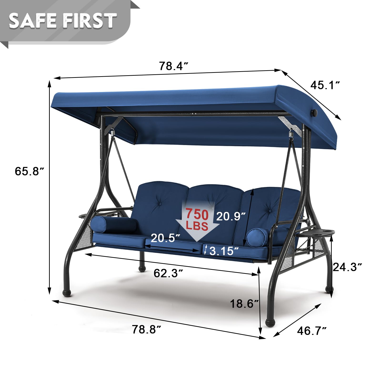 HOMREST 3 Seat Outdoor Porch Swing with Adjustable Canopy, Convertible Patio Swing Bed with Stand, Patio Glider Swing with Upgraded Cup Holder, Thicken Cushions & Pillow for Backyard (Blue)