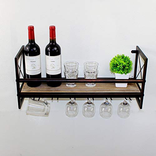 MBQQ Industrial Wine Racks Wall Mounted with Stemware Racks,24" Rustic Metal Hanging Wine Holder,Bottle Holder with 7 Stem Glass Holder,Metal&Wood Shelves Home Decor Wall Shelf,Retro Red