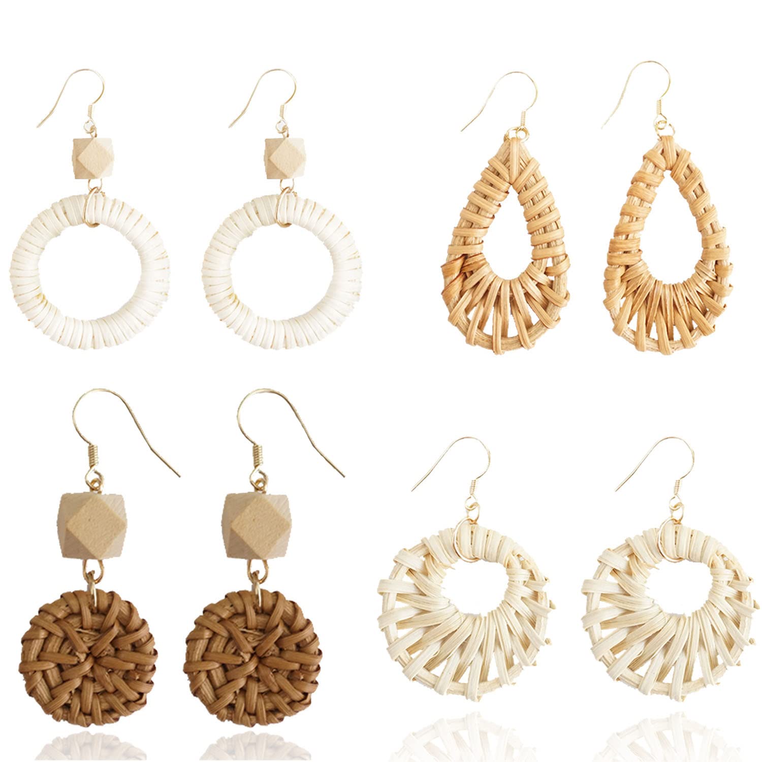 4 Pairs Geometric Rattan Earrings,Tassel Woven Bohemian Earrings for Women Girls Straw Braid Hoop Drop Dangle Earring