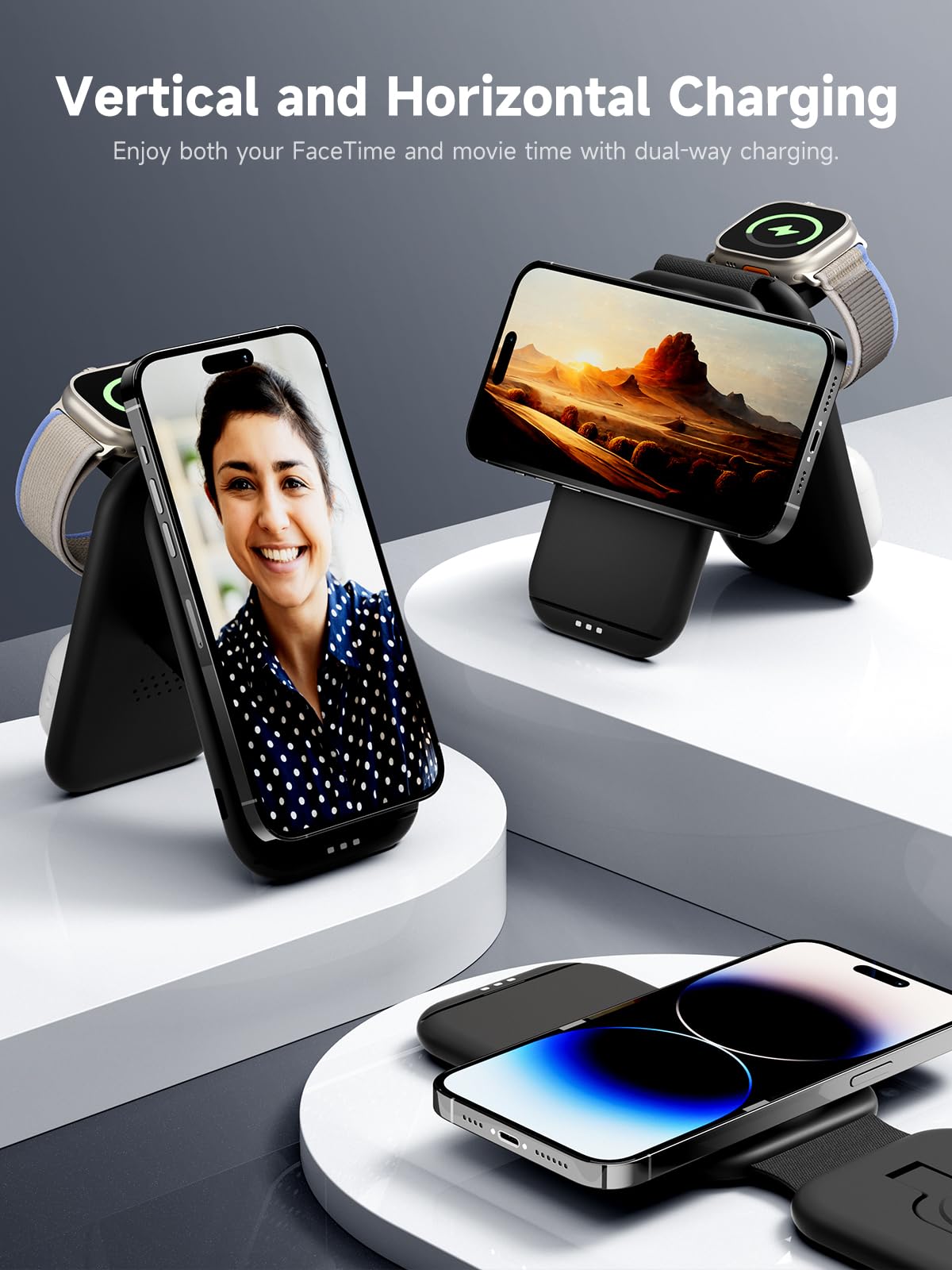 3 in 1 Wireless Charging Station for Apple, VOIDAY Ace Foldable Mag-safe Charger, Magnetic Travel Pad for iPhone 14/13/12 Series,iWatch Series, AirPods Series (Adapter Included)