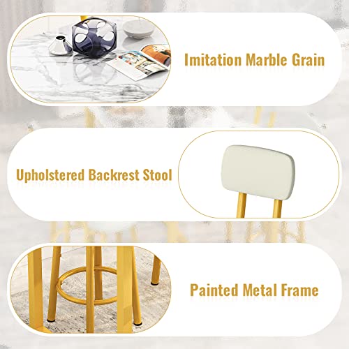 AWQM Faux Marble Dining Table with 4 PU Upholstered Chairs, 5-Piece Breakfast Table Bar Table and Backrest Chairs with Footrest, Kitchen & Dining Room Set for 4, Space Saving Furniture (White & Gold)