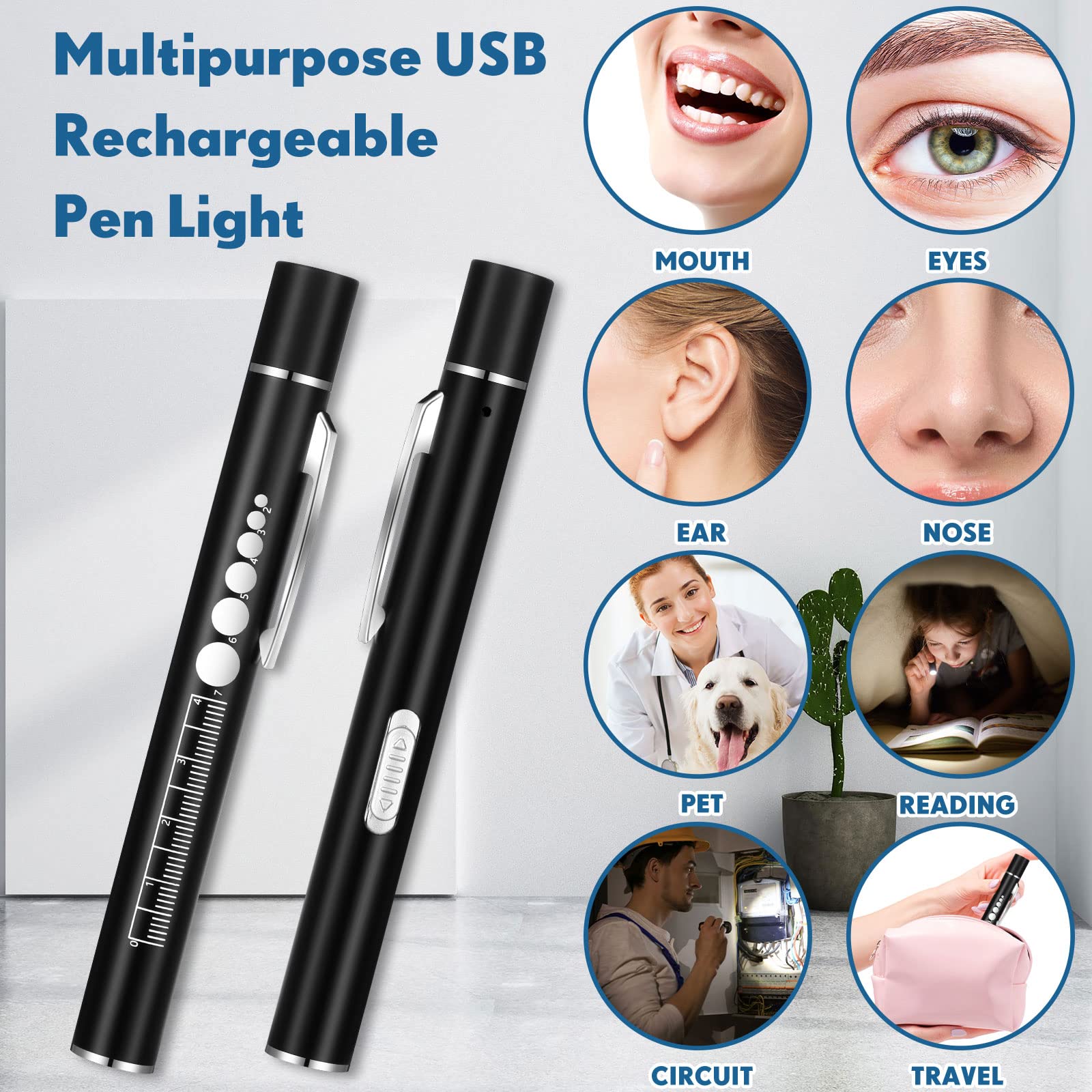 5 Pcs Pen Lights for Nurses LED Medical Penlights with Pupil Gauge and Ruler, USB Rechargeable Pen Light 2 Modes Warm White Light Nursing Student, Doctor Nurse Accessories for Work, Black