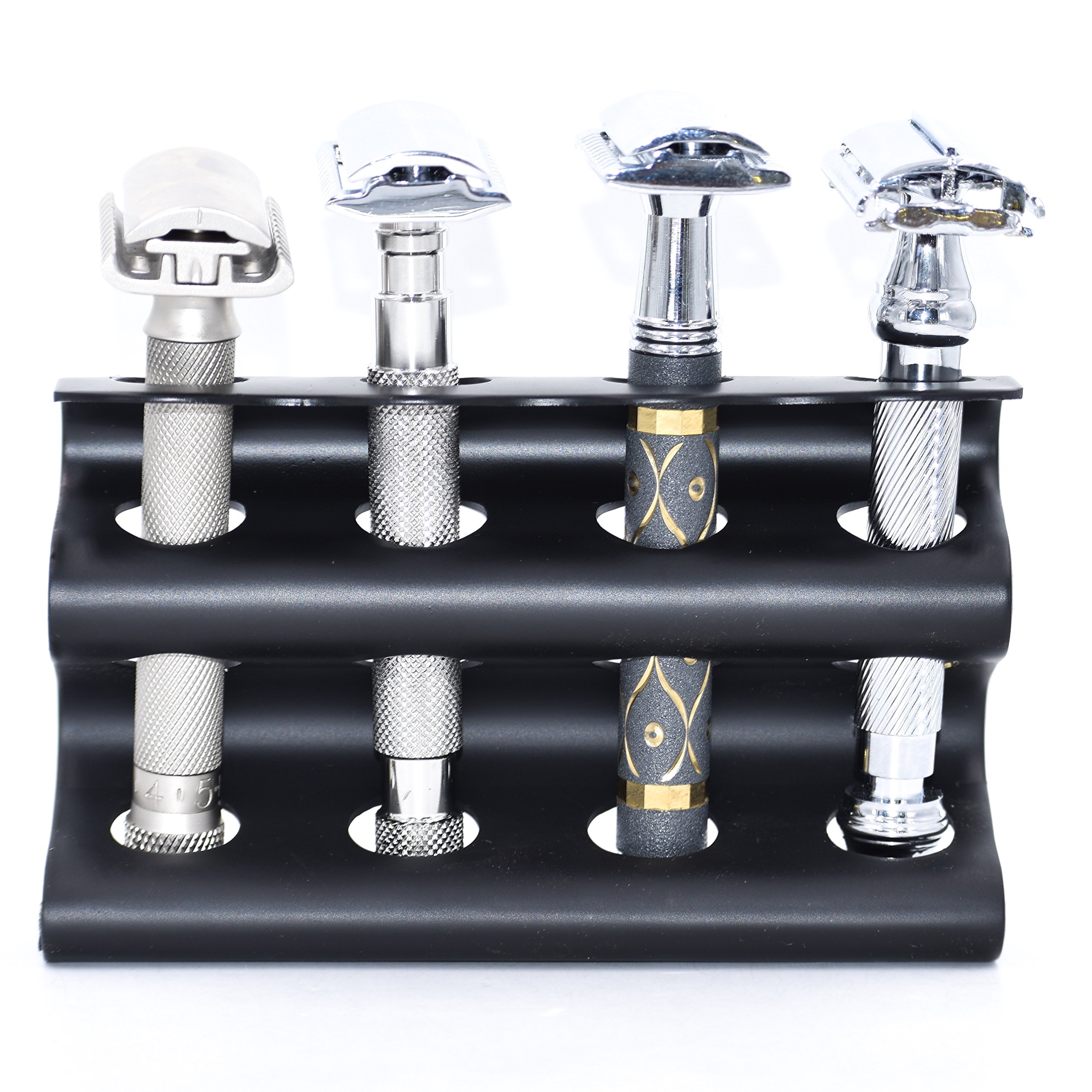 Parker Double Edge Razor Stand – Solid Brass with Black Finish –Holds 4 Razors – Parker Stand with Padded Base – Excellent Storage for Long Handled Double Edge Safety Razors