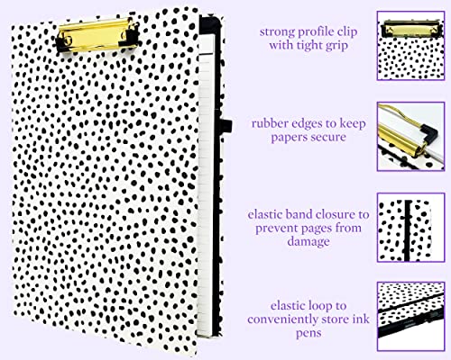 Steel Mill & Co Cute Clipboard Folio with Refillable Lined Notepad and Interior Storage Pocket, Black and White Padfolio for Work, Black Dots
