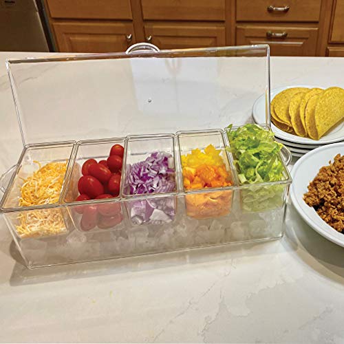 Evelots Ice Chilled Condiment Tray-5 Removable Compartments-Lid-2 Cup Containers