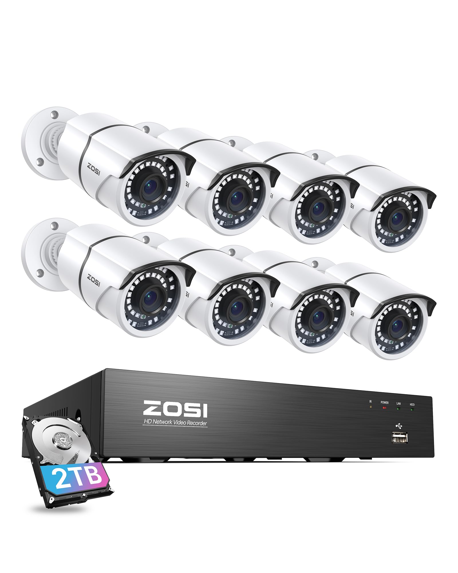 ZOSI 8CH 4K PoE Home Security Camera System with 2TB HDD,8pcs 5MP Weatherproof Outdoor Indoor IP Cameras,Night Vision,Motion Detection,Remote Access,8MP 8 Ports 16CH NVR Recorder for 24/7 Recording