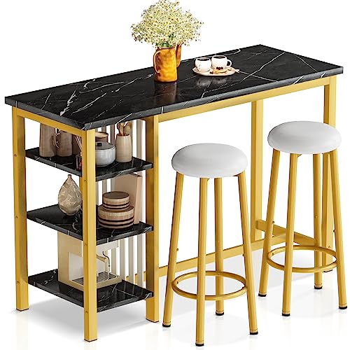 AWQM Home Bar Table Set of 2 with Storage Shelves, 47" Black Faux Marble Dining Set with Upholstered Leather Bar Height Stools, 3-Piece Kitchen Table for 2 People, Space Saving Table (Black & Gold)
