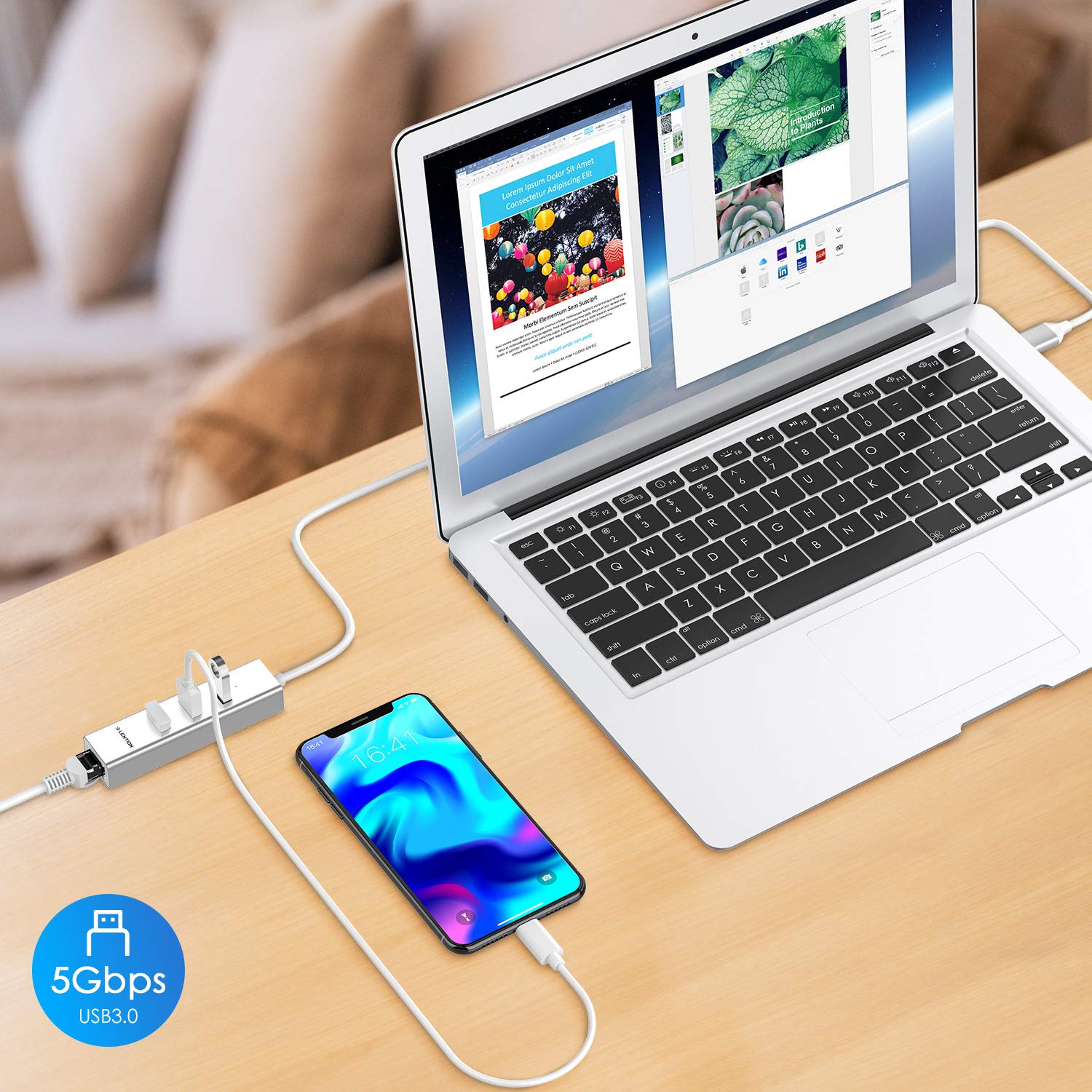 LENTION 3-Port USB 3.0 Hub with Gigabit Ethernet Adapter Compatible MacBook Air/Pro (Previous Generation), iMac, Surface, Chromebook, More Type A Laptops - Ultra Slim (CB-H23s-0.5M, Silver)