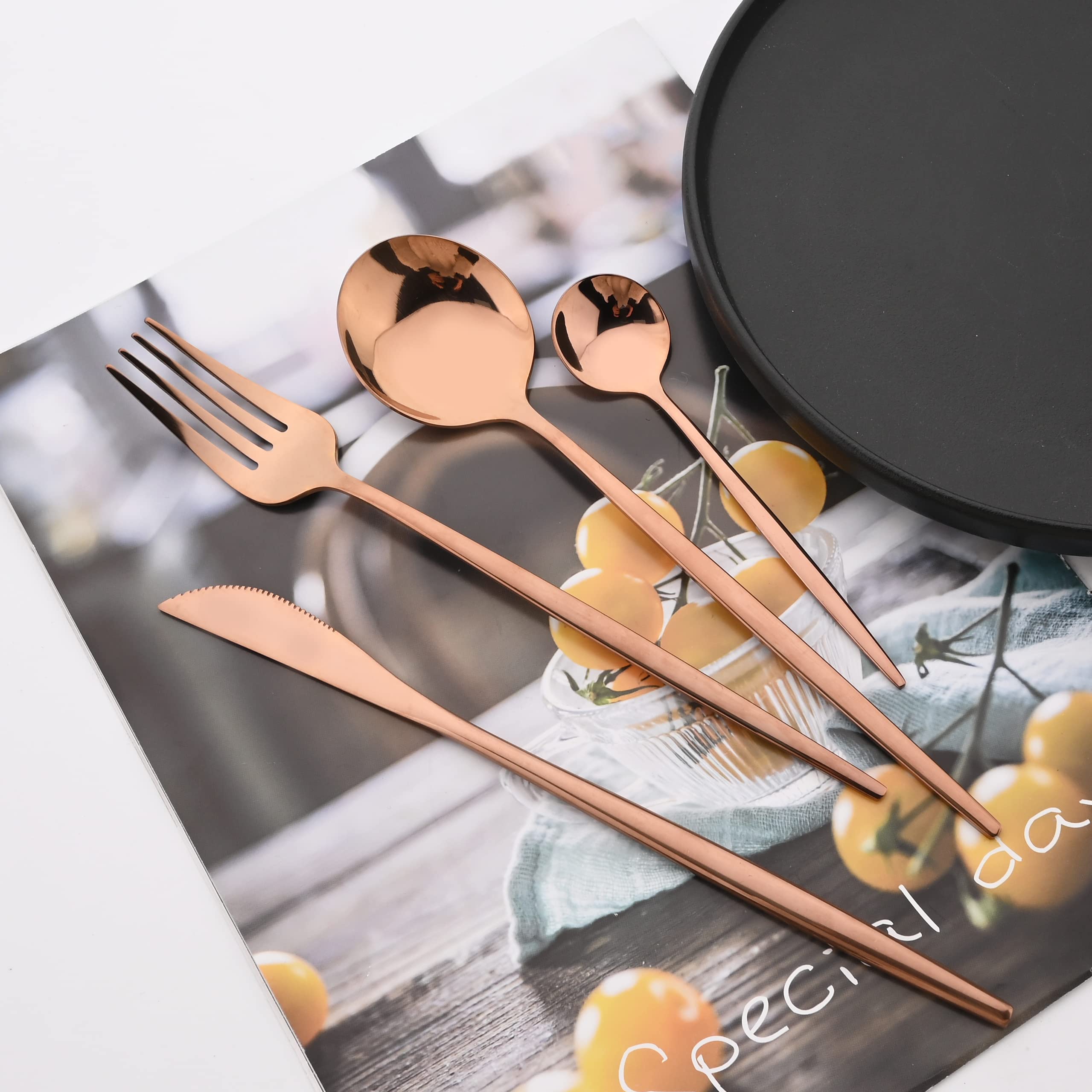 24 PCS Hanging Silverware Sets with Holder, Uniturcky Rose Gold Stainless Steel Eating Utensils Set with Flatware Rack, 6 x Dinner Fork, 6 x Table Knife, 6 x Soup Spoon, 6 x Teaspoon, 1 x Cutlery Rack